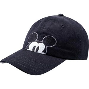 disney mickey mouse dad hat, peek-a-boo embroidered adult baseball cap with comic strip print curved brim, black, one size