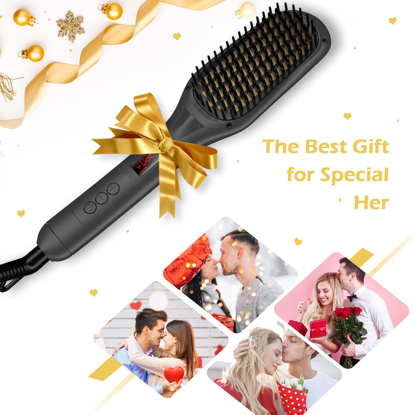 Hair Straightener Brush, Ionic Hair Straightener Comb for Home Salon, Hot Brush with 15 Temp for Universal Use, Auto-Off Safety with Anti-Scald