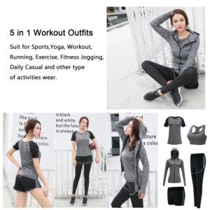 XPINYT 5pcs Workout Outfits for Women Athletic Sets Sport Suits Yoga Gym Fitness Exercise Clothes Jogging Tracksuits (Grey, Medium)