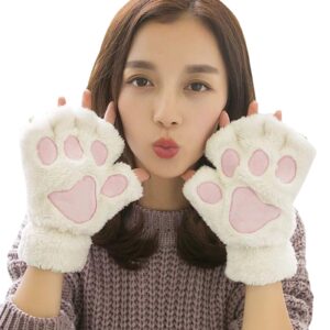 lifenanny cute cat paw gloves, winter soft warm half finger gloves cosplay faux fur plush gloves kawaii gloves for women girls (white)