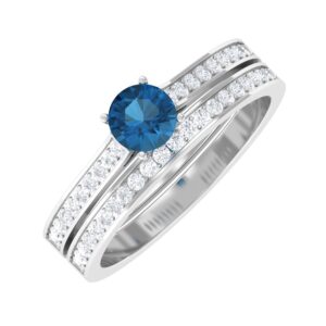 certified london blue topaz diamond bridal ring set, aaa quality, natural topaz diamond wedding ring set - ready to gift, 14k white gold, size:us 8.50