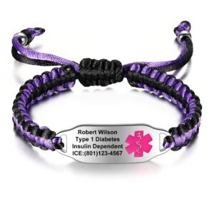 medical alert bracelets for women personalized | custom medical alert id bracelets free engraved | tow-tone purple&black polyester rope hand-made braided bracelet, adjustable (6.5-8.5 inches)