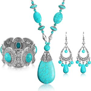 3 pieces bohemian turquoise jewelry set women western jewelry set turquoise pendant necklace, vintage turquoise dangle earrings, stretchable turquoise bracelet for women statement boho jewelry set