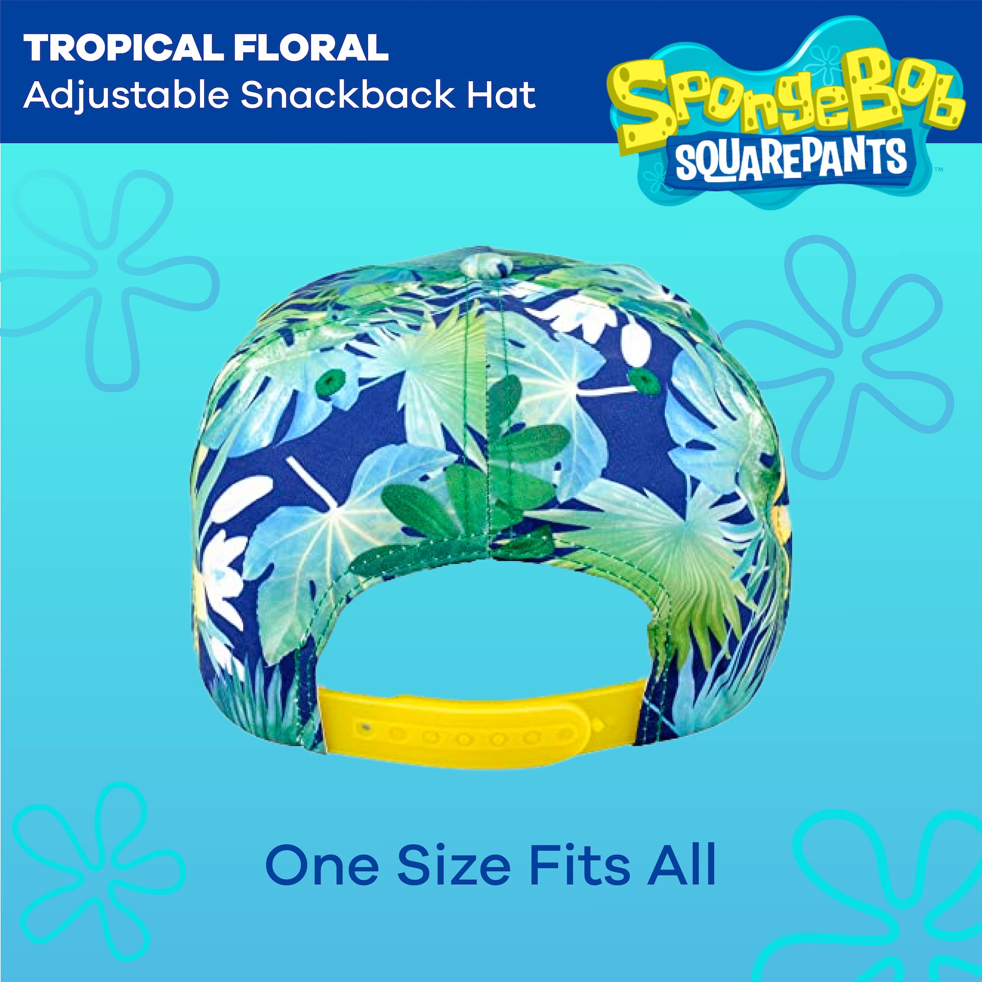 Spongebob Squarepants Baseball Cap, Tropical Floral Curved Brim Adjustable Snapback Hat, Blue and Green, One Size