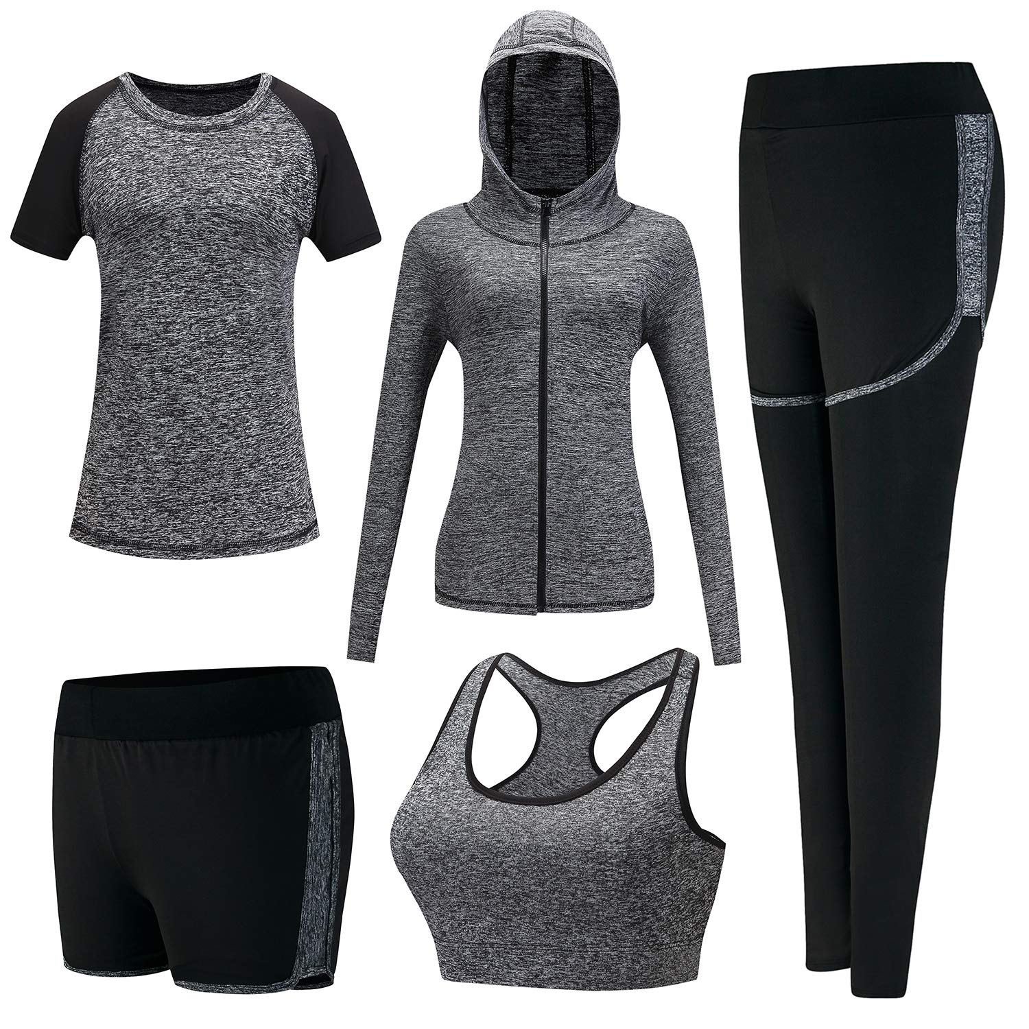 XPINYT 5pcs Workout Outfits for Women Athletic Sets Sport Suits Yoga Gym Fitness Exercise Clothes Jogging Tracksuits (Grey, Medium)