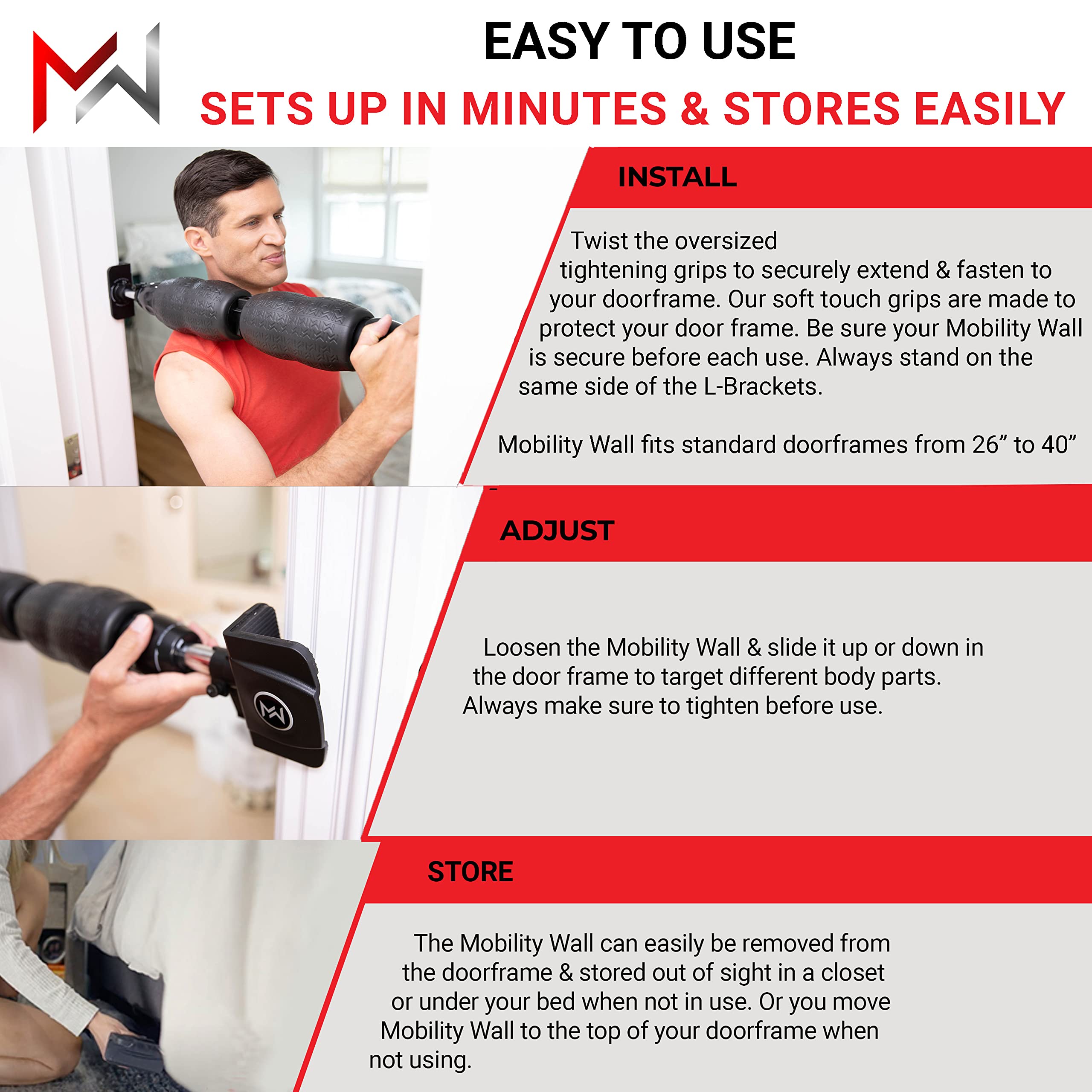 Mobility Wall- Stand Up Door Mounted Smooth Foam Roller for Soft Tissue Massage & Muscle Recovery for Exercise, includes 1 Trigger Point Attachments