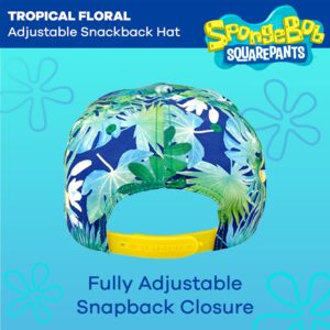 Spongebob Squarepants Baseball Cap, Tropical Floral Curved Brim Adjustable Snapback Hat, Blue and Green, One Size