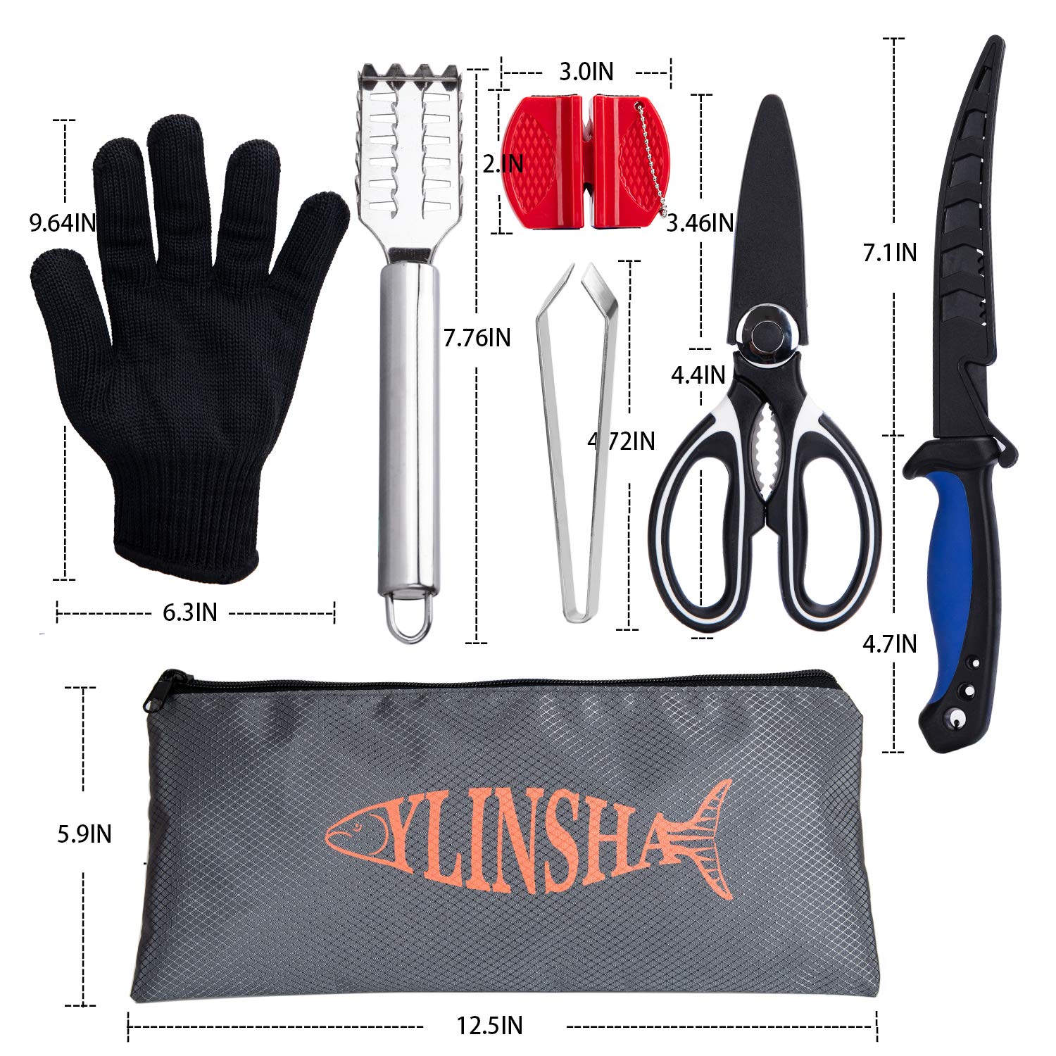 ylinsha Fishing Knife,Fish Cleaning Kit 7 PC set Fish Knife, Fish Scale Cleaning Brush, multi-functional Scissors, anti-cutting Gloves, Fishbone Tweezers, storage Bag