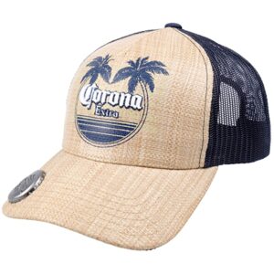 corona extra truck hat, mesh adjustable snapback trucker hat with bottle opener curved brim, tan, one size