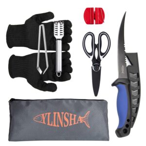 ylinsha fishing knife,fish cleaning kit 7 pc set fish knife, fish scale cleaning brush, multi-functional scissors, anti-cutting gloves, fishbone tweezers, storage bag