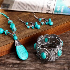 3 Pieces Bohemian Turquoise Jewelry Set Women Western Jewelry Set Turquoise Pendant Necklace, Vintage Turquoise Dangle Earrings, Stretchable Turquoise Bracelet for Women Statement Boho Jewelry Set