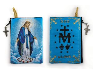 catholic rosary pouch, our lady of grace & miraculous medal symbol, 4" x 6" jewelry & coin purse with cross, small woven tapestry icon bag, bolsa de rosario católico para joyería