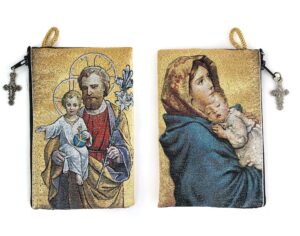 catholic rosary pouch, saint joseph and baby jesus & madonna and child, 4" x 6" jewelry & coin purse with cross, small woven tapestry icon bag, bolsa de rosario católico para joyería