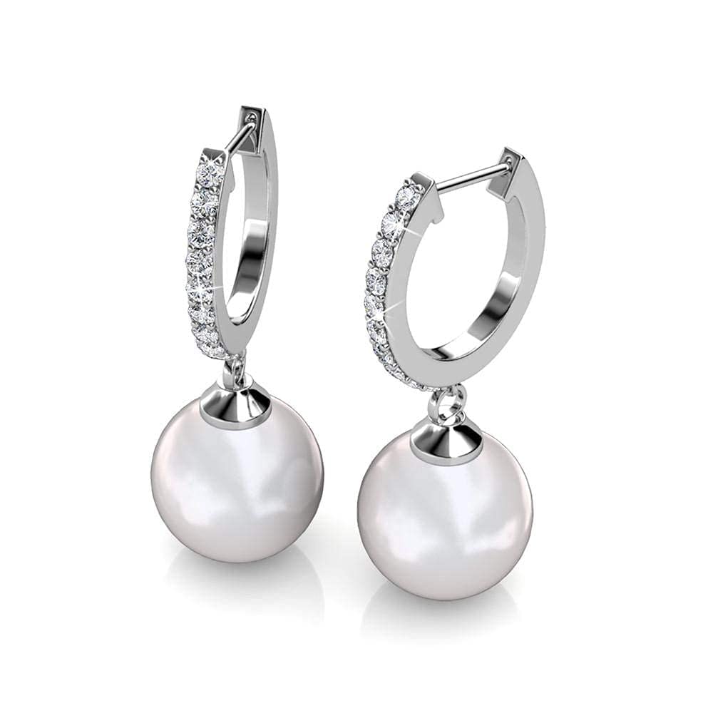 Cate & Chloe Daphne 18k White Gold Plated Dangle Pearl Earrings | Silver Hoop Pearl Earrings for Women | Drop Dangle Earring Set with Crystals, Fashion Jewelry for Women, Gift for Her