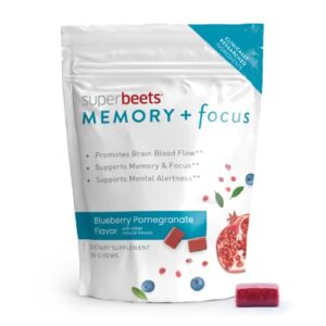 humann superbeets memory & focus brain supplement chews – mental alertness – clinically studied nootropics, resveratrol plus beet root powder, blueberry pomegranate flavor, 30 count