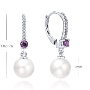 JO WISDOM Pearl Earrings,925 Sterling Silver 3A CZ February Birthstone Amethyst Color 8mm Pearl Leverback Drop Earrings,Jewelry for Women