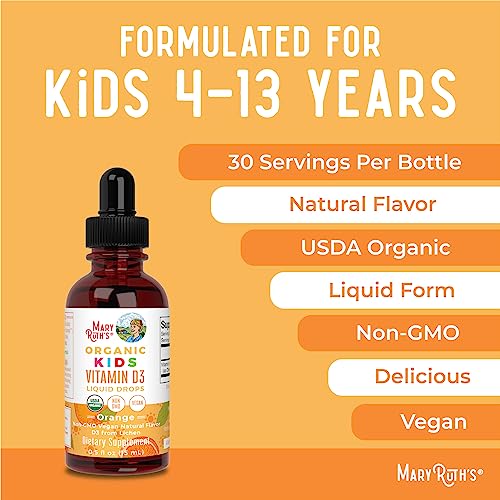 MaryRuth Organics USDA Organic Vitamin D3 Liquid Drops for Kids | 640 IU Vitamin D3 Per Serving | Kids Immune Support & Bone Health Supplement | Formulated for Ages 4-13 | 0.5oz | 30 Servings