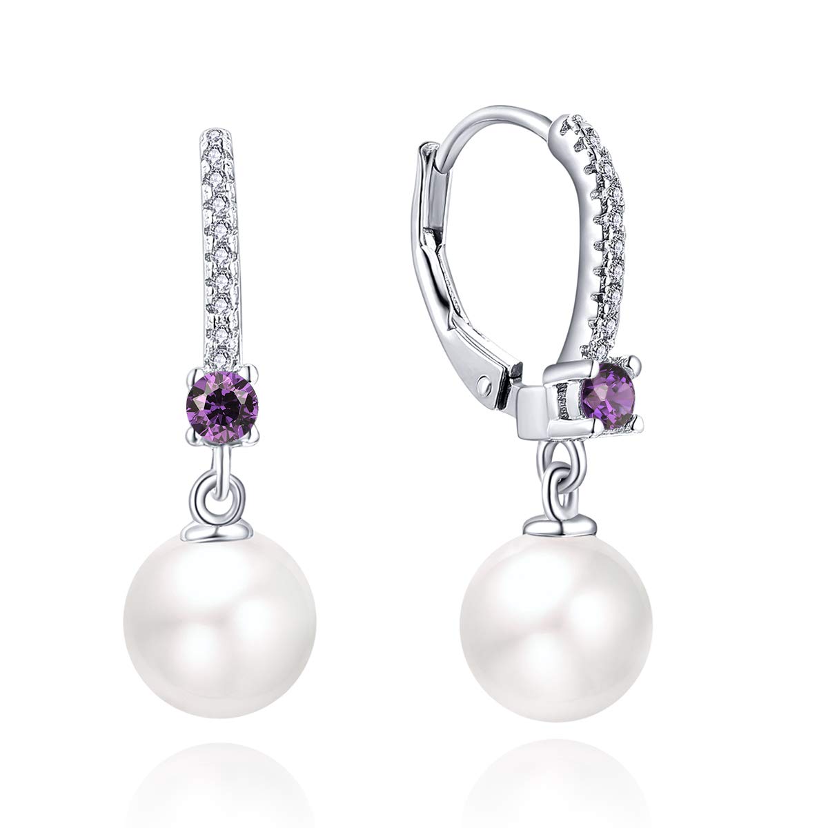 JO WISDOM Pearl Earrings,925 Sterling Silver 3A CZ February Birthstone Amethyst Color 8mm Pearl Leverback Drop Earrings,Jewelry for Women