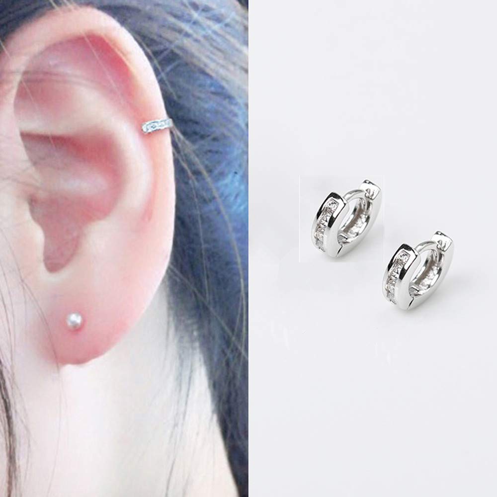 CZ Tiny Small Hoop Earring for Women 925 Sterling Silver Micro Huggie Hoops Upper Hole Ear Cuff Cartilage Hypoallergenic Fashion Mini Crystal Jewelry 4.5mm