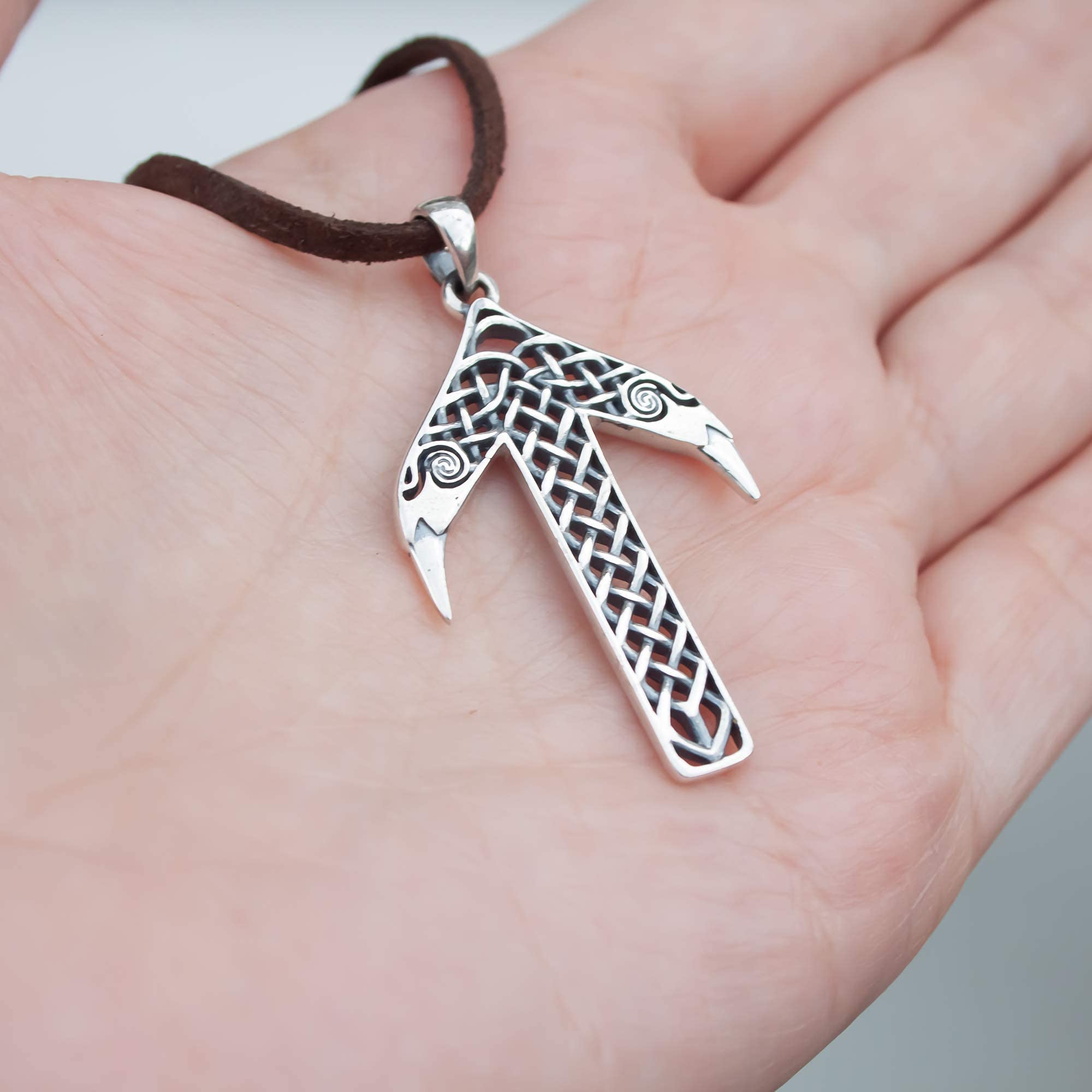 Viking Rune Tiwaz Necklace - 925 Sterling Silver - Tyr Pendant with Celtic Knot and Raven Heads - Norse Mythology Amulet - Nordic Scandinavian Runic Jewelry for Men Women