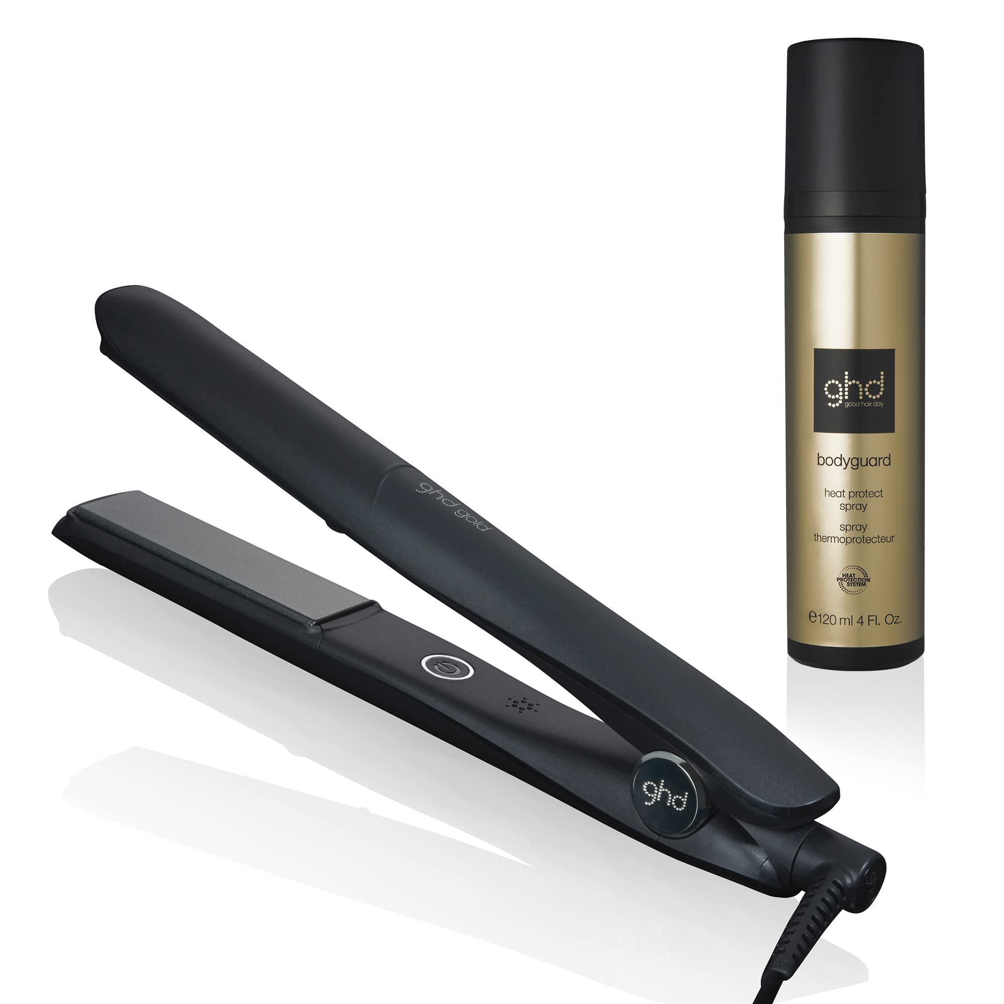 ghd Gold Styler Essentials Duo ― Gold 1" Flat Iron Hair Straightener (Black) with Bodyguard Heat Protection Hair Spray (4 fl. oz.)