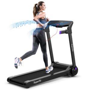 goplus 3hp electric folding treadmill, self-standing superfit treadmill with app control, blue tooth speaker, hd touch screen, installation-free, walking jogging running machine for home office