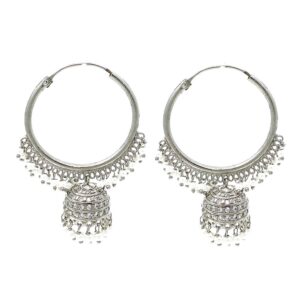 silver plated hoop chandelier jhumki earrings with tiny white pearls zircon - fashion trendy womens gifts - duel on jewel