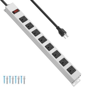 junnuj metal 8 outlet power strip, mountable heavy duty power strip, 1200j surge protector wall mount screws outlet with switch, gaming desk strips wide spaced 15a 125v 1875w, 6 ft 14awg power cord