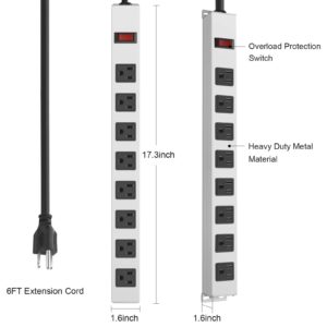 JUNNUJ Metal 8 Outlet Power Strip, Mountable Heavy Duty Power Strip, 1200J Surge Protector Wall Mount Screws Outlet with Switch, Gaming Desk Strips Wide Spaced 15A 125V 1875W, 6 FT 14AWG Power Cord