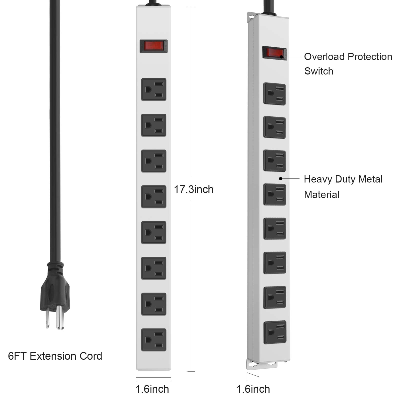 JUNNUJ Metal 8 Outlet Power Strip, Mountable Heavy Duty Power Strip, 1200J Surge Protector Wall Mount Screws Outlet with Switch, Gaming Desk Strips Wide Spaced 15A 125V 1875W, 6 FT 14AWG Power Cord