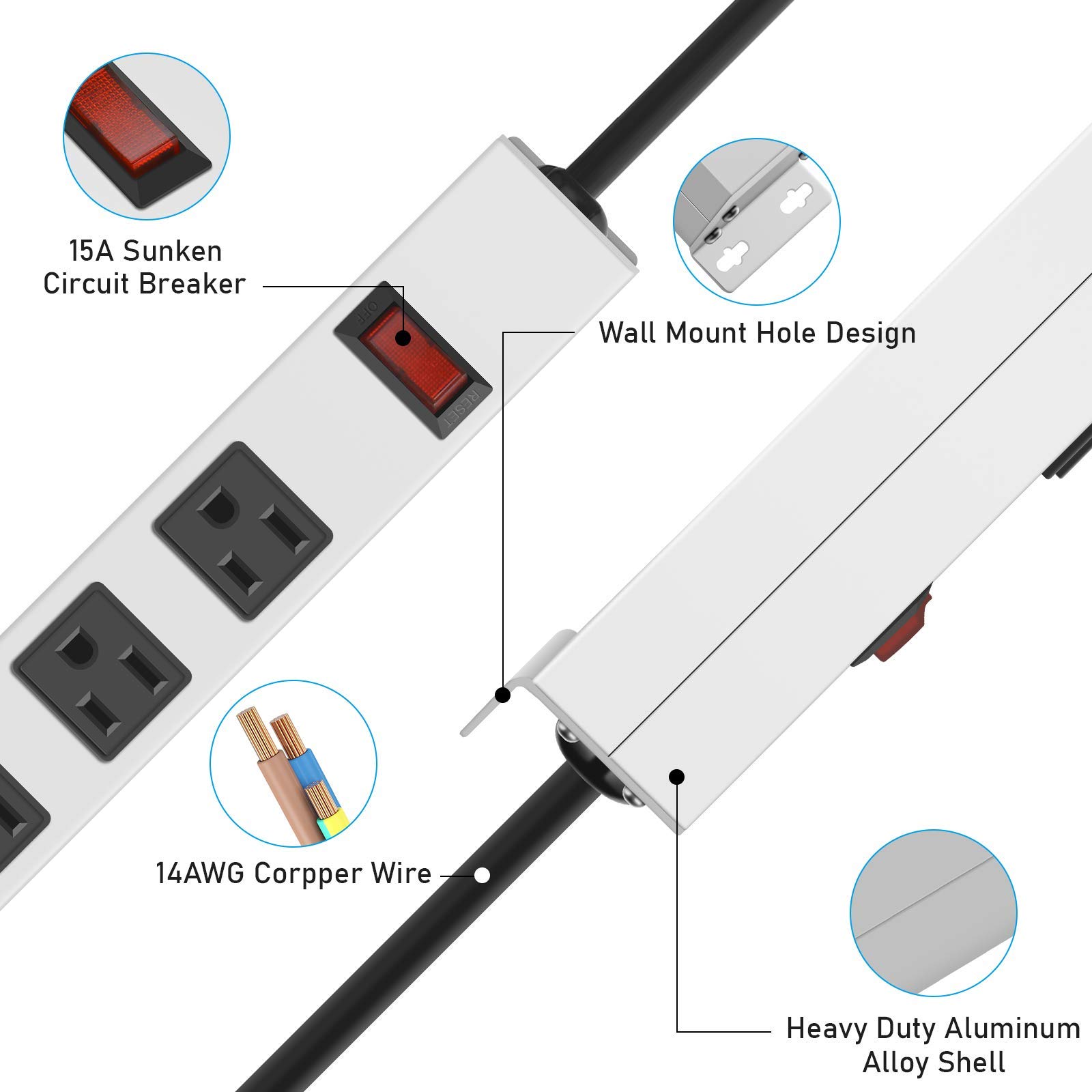 JUNNUJ Metal 8 Outlet Power Strip, Mountable Heavy Duty Power Strip, 1200J Surge Protector Wall Mount Screws Outlet with Switch, Gaming Desk Strips Wide Spaced 15A 125V 1875W, 6 FT 14AWG Power Cord