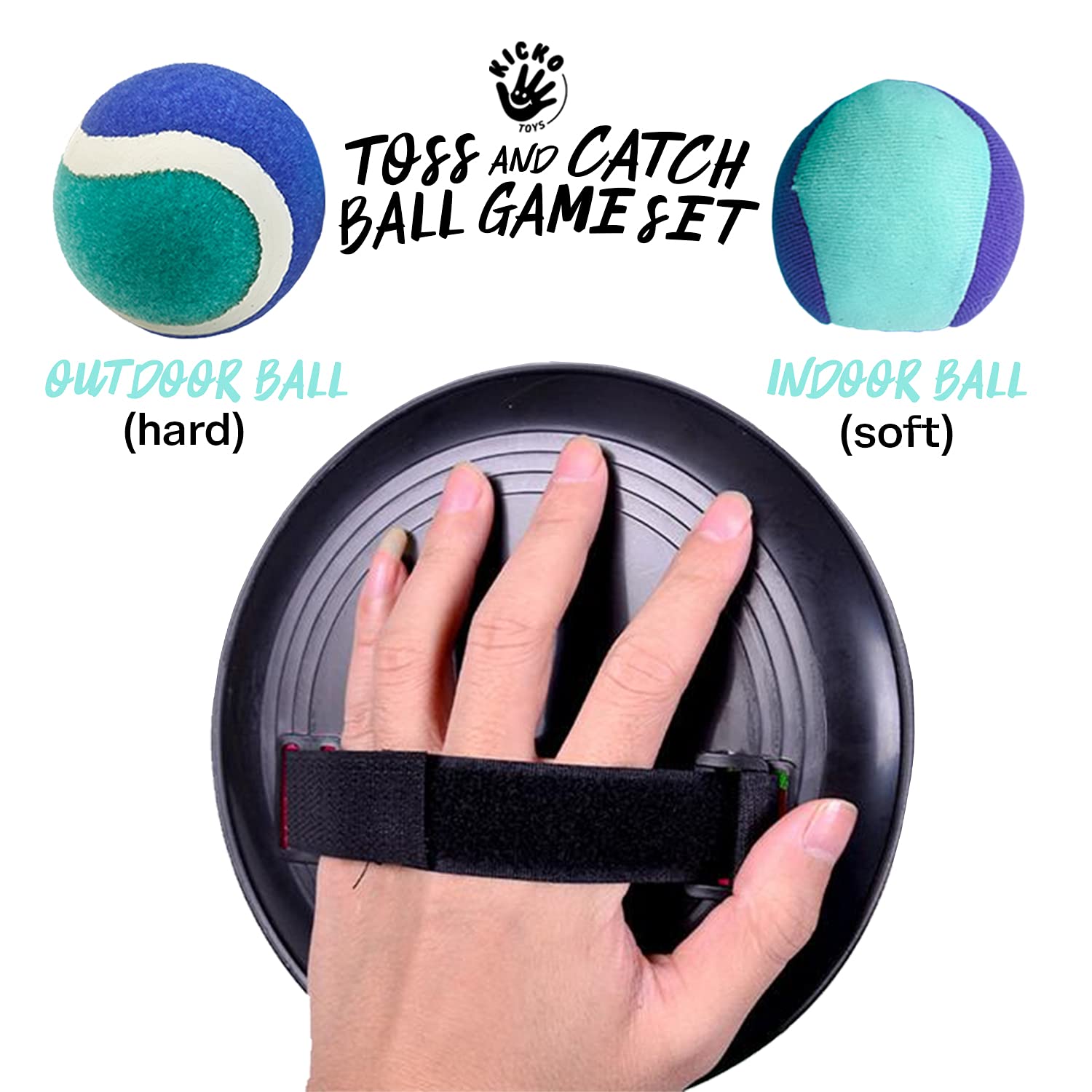 Kicko Toss and Catch Ball Game - 1 Set - Purple and Teal - Paddle Balls with Catcher Mitts, Hard and Soft Tennis Balls, and Travel Case - for Kids Indoor or Outdoor Team Sports, Backyard or Beach