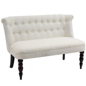 homcom upholstered armless fabric loveseat with button tufted design for living room with wood legs, cream white