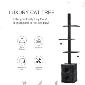 PawHut Cat Tree Floor to Ceiling Condo w/Jute Scratching Post Dangling Ball Adjustable 86.5" H -96.5" H, Grey