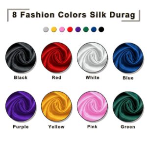 LEADUWAY 8Pcs Silky Durags, Silk Durag for Men Women, Satin Doo Rag for 360 Waves, Durags Pack with Extra Long Tail and Wide Straps