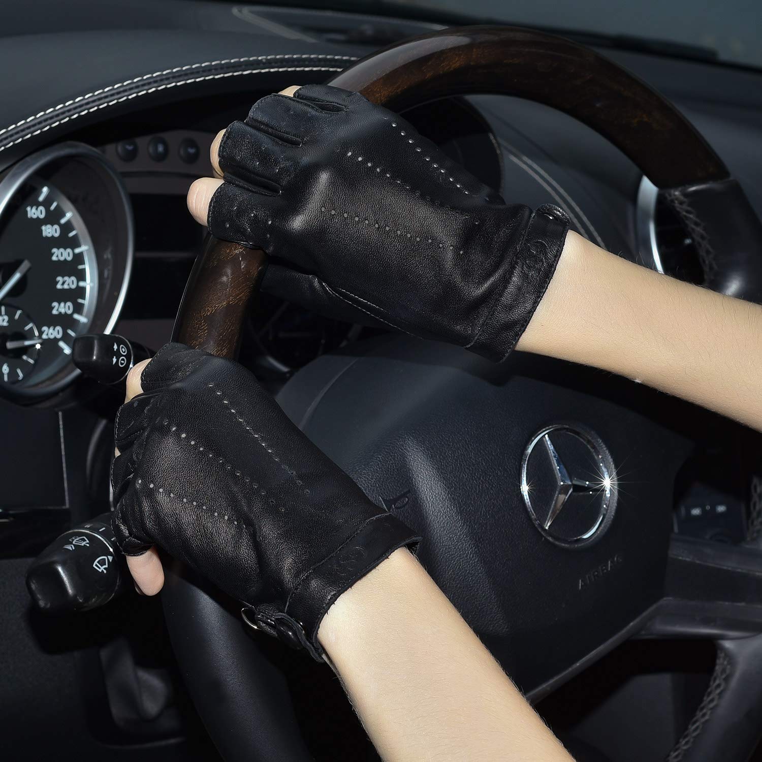 GSG Women's Driving Gloves Fingerless Leather Motorcycle Gloves Unlined Half Finger Black Medium