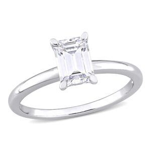 abbie+cleo emerald shape created white moissanite gemstone solitaire statement ring in rhodium flash plated sterling silver, size 6