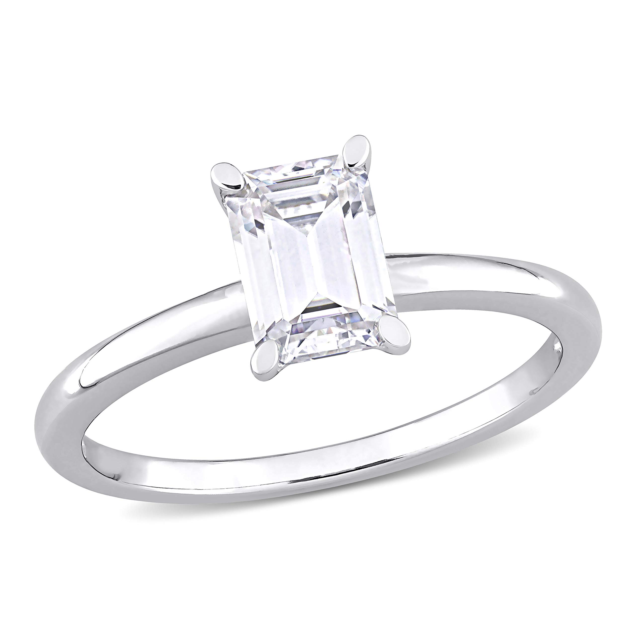 Abbie+Cleo Emerald Shape Created White Moissanite Gemstone Solitaire Statement Ring in Rhodium Flash Plated Sterling Silver, Size 6