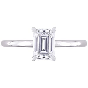 Abbie+Cleo Emerald Shape Created White Moissanite Gemstone Solitaire Statement Ring in Rhodium Flash Plated Sterling Silver, Size 6