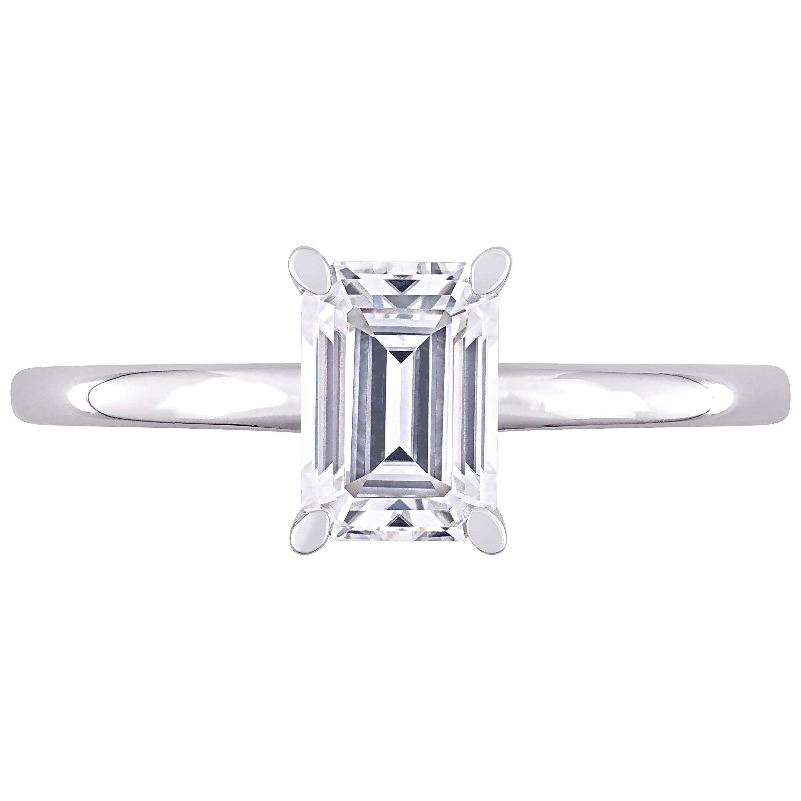 Abbie+Cleo Emerald Shape Created White Moissanite Gemstone Solitaire Statement Ring in Rhodium Flash Plated Sterling Silver, Size 6