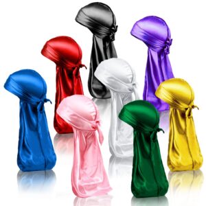 leaduway 8pcs silky durags, silk durag for men women, satin doo rag for 360 waves, durags pack with extra long tail and wide straps