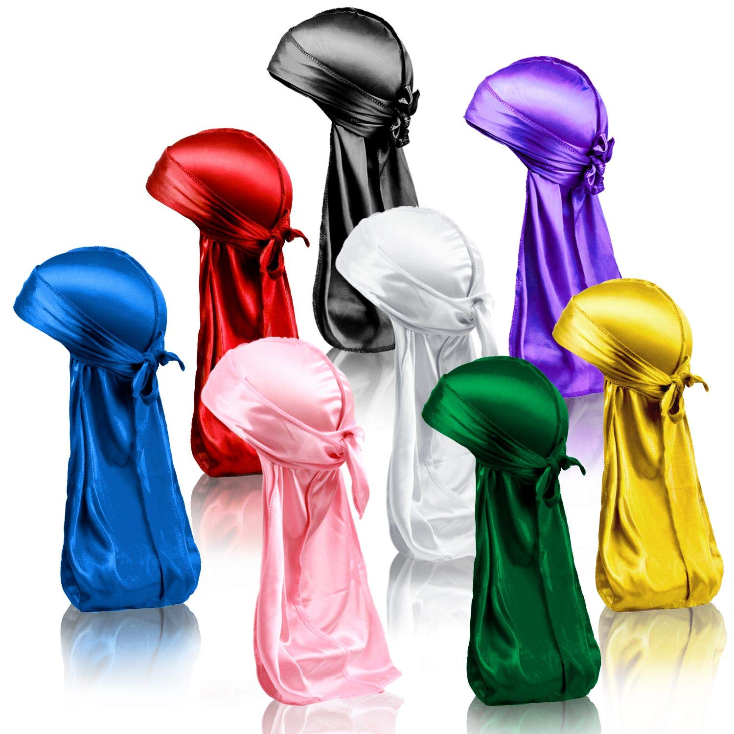 LEADUWAY 8Pcs Silky Durags, Silk Durag for Men Women, Satin Doo Rag for 360 Waves, Durags Pack with Extra Long Tail and Wide Straps