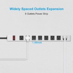 JUNNUJ Metal 8 Outlet Power Strip, Mountable Heavy Duty Power Strip, 1200J Surge Protector Wall Mount Screws Outlet with Switch, Gaming Desk Strips Wide Spaced 15A 125V 1875W, 6 FT 14AWG Power Cord