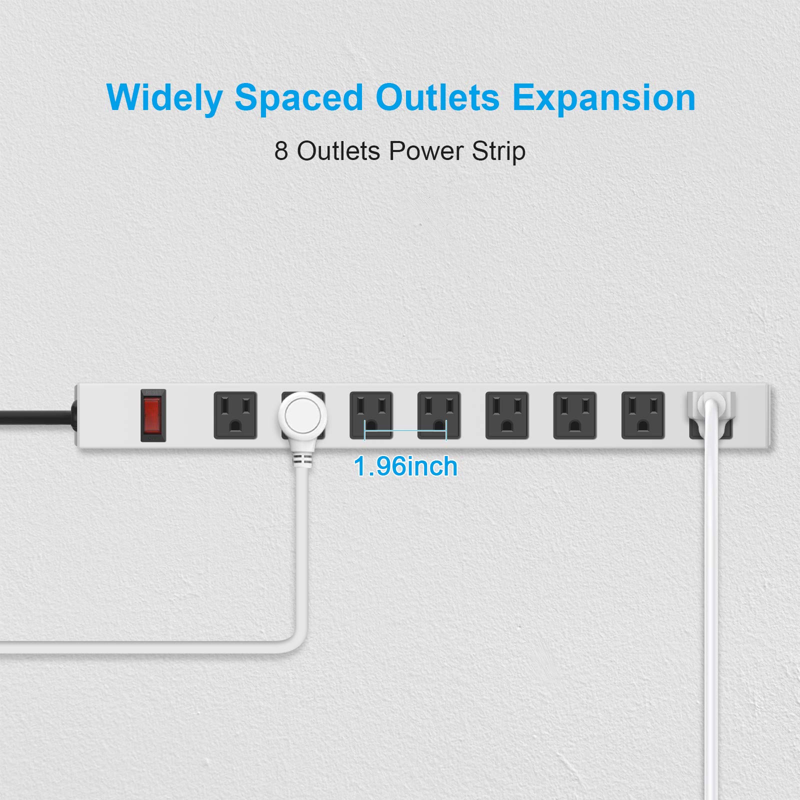 JUNNUJ Metal 8 Outlet Power Strip, Mountable Heavy Duty Power Strip, 1200J Surge Protector Wall Mount Screws Outlet with Switch, Gaming Desk Strips Wide Spaced 15A 125V 1875W, 6 FT 14AWG Power Cord