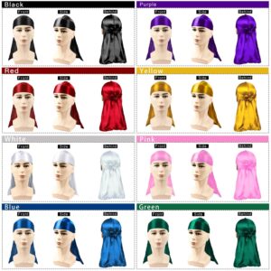 LEADUWAY 8Pcs Silky Durags, Silk Durag for Men Women, Satin Doo Rag for 360 Waves, Durags Pack with Extra Long Tail and Wide Straps