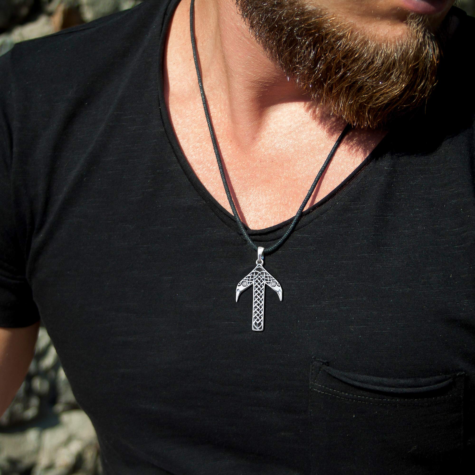 Viking Rune Tiwaz Necklace - 925 Sterling Silver - Tyr Pendant with Celtic Knot and Raven Heads - Norse Mythology Amulet - Nordic Scandinavian Runic Jewelry for Men Women