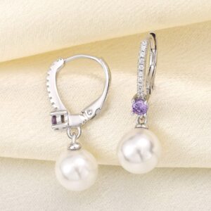 JO WISDOM Pearl Earrings,925 Sterling Silver 3A CZ February Birthstone Amethyst Color 8mm Pearl Leverback Drop Earrings,Jewelry for Women