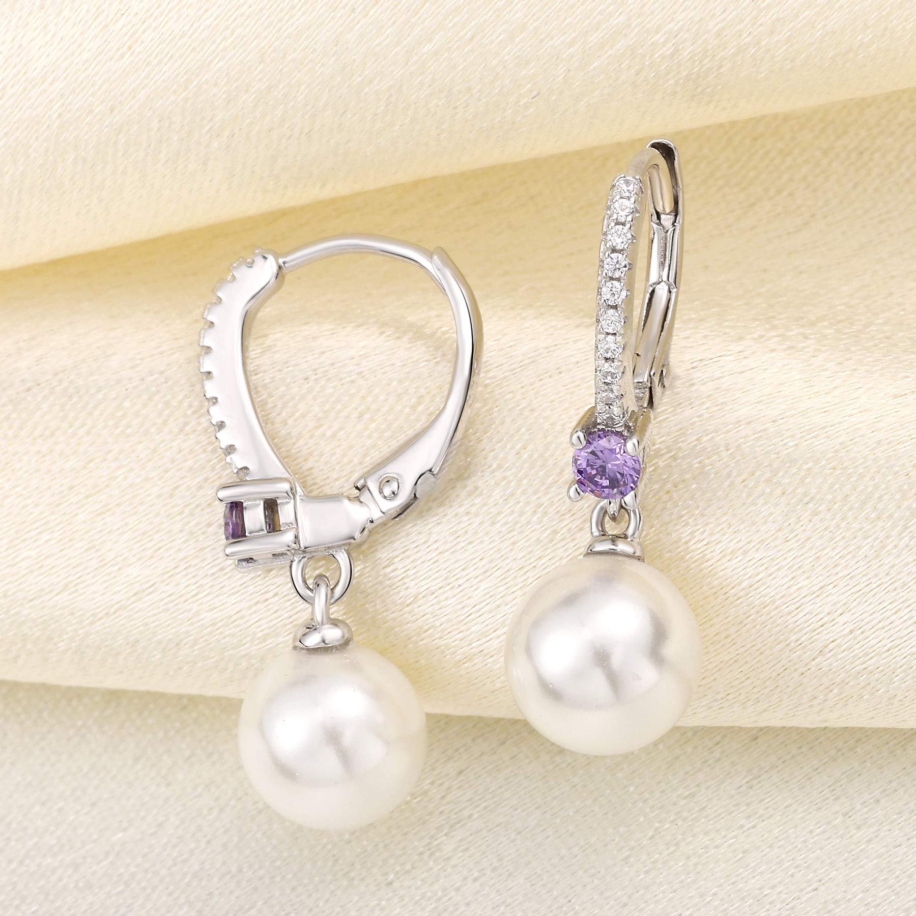 JO WISDOM Pearl Earrings,925 Sterling Silver 3A CZ February Birthstone Amethyst Color 8mm Pearl Leverback Drop Earrings,Jewelry for Women