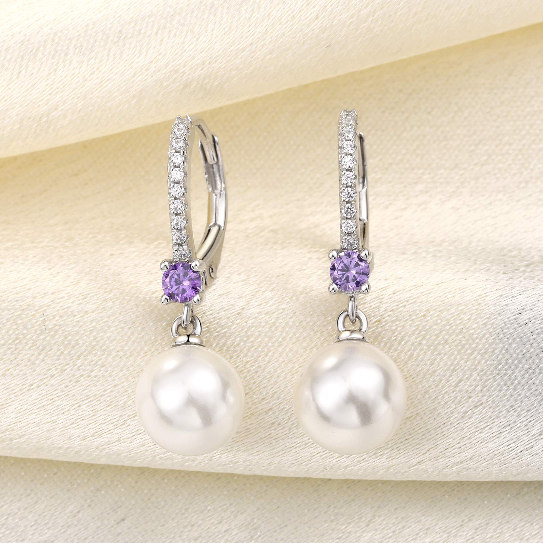 JO WISDOM Pearl Earrings,925 Sterling Silver 3A CZ February Birthstone Amethyst Color 8mm Pearl Leverback Drop Earrings,Jewelry for Women