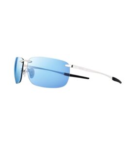 revo sunglasses descend z: polarized rimless lens with stainless steel arms, satin chrome frame with blue water lens